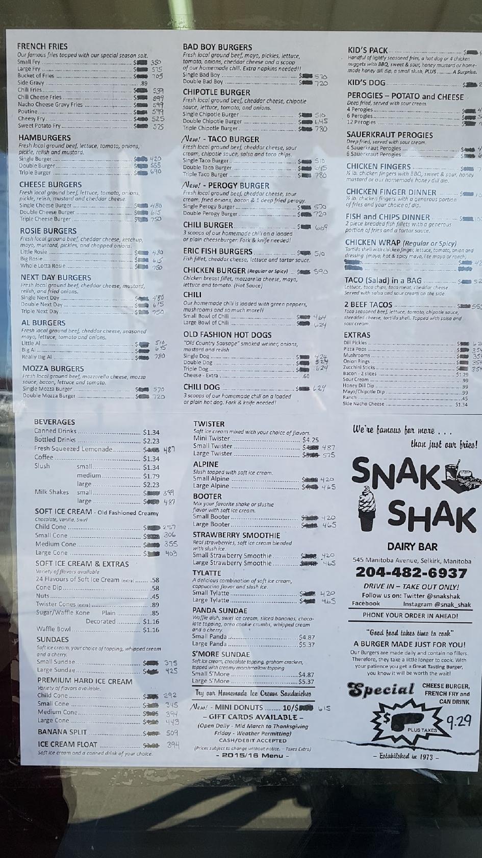 Menu at Snak Shak Dairy Bar, Selkirk