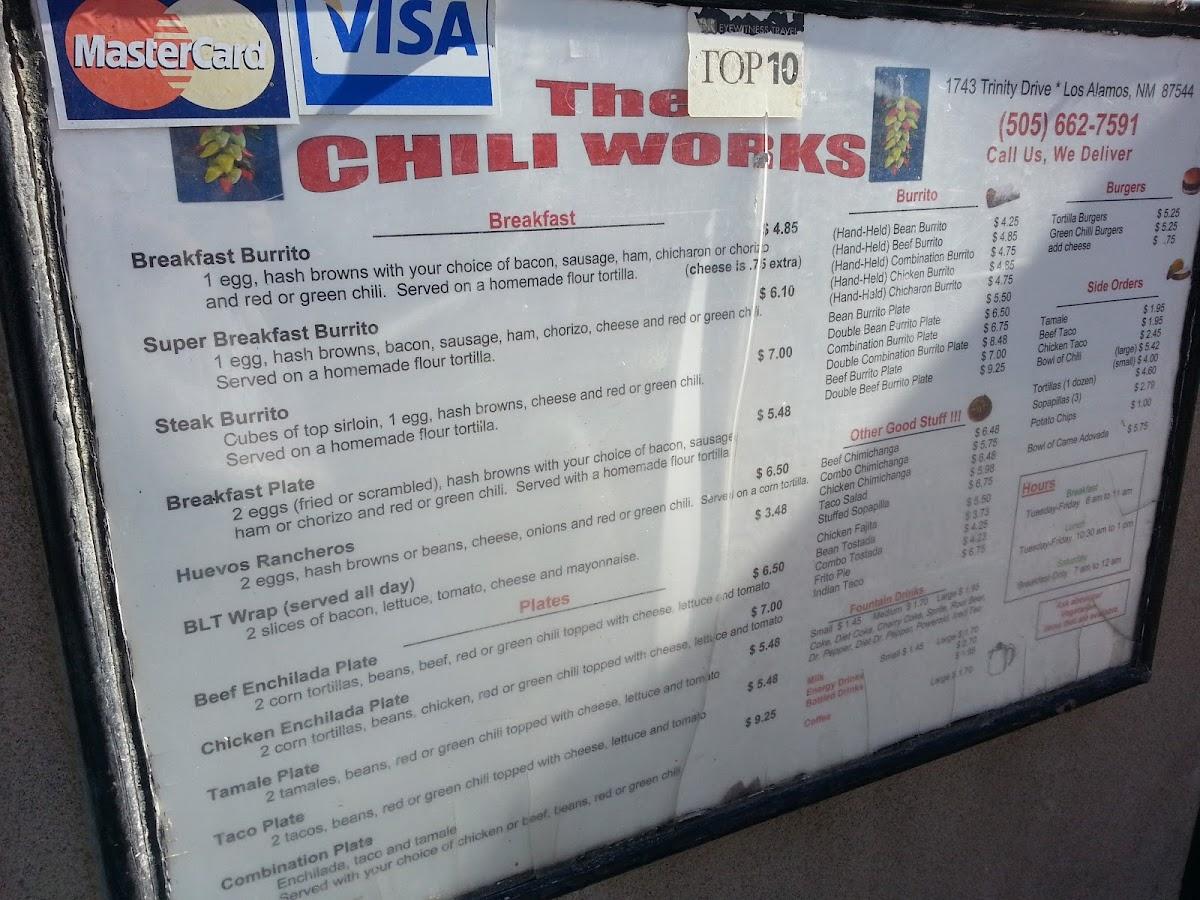 Menu at Chili Works restaurant, Los Alamos, Trinity Dr