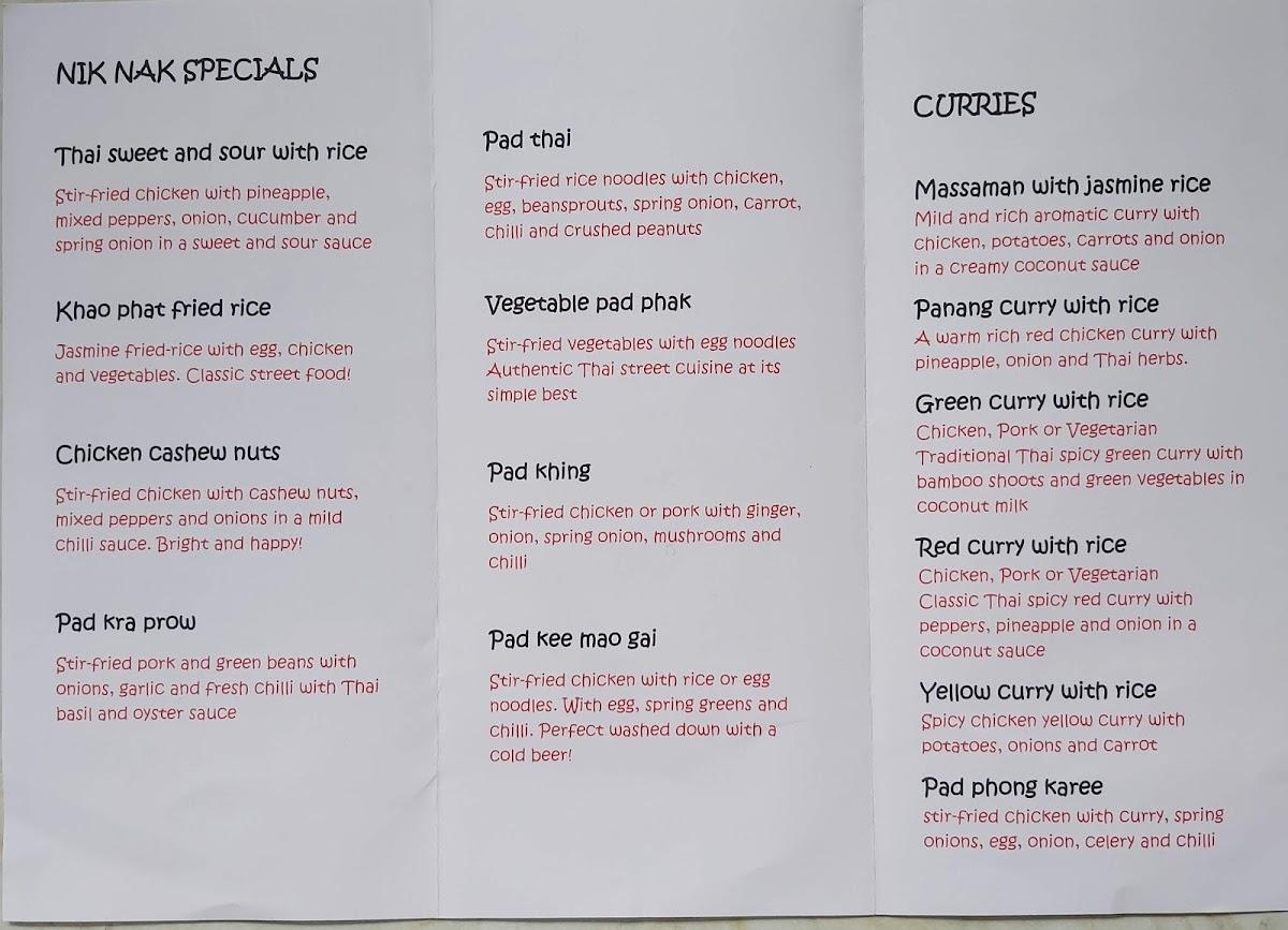 Menu at Nik Nak Noodles Thai Cuisine cafe, Teignmouth, Lifeboat Lane