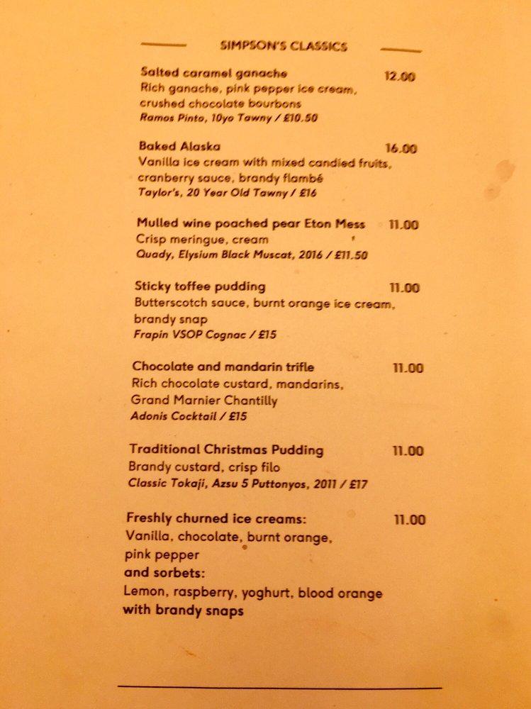 Menu at Simpson's in the Strand restaurant, London