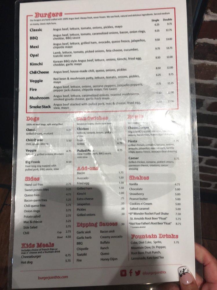 Menu at The Burger Joint restaurant, Houston, Montrose Blvd