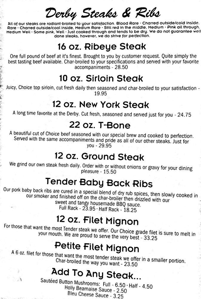 Menu at The Derby Steakhouse, Butte