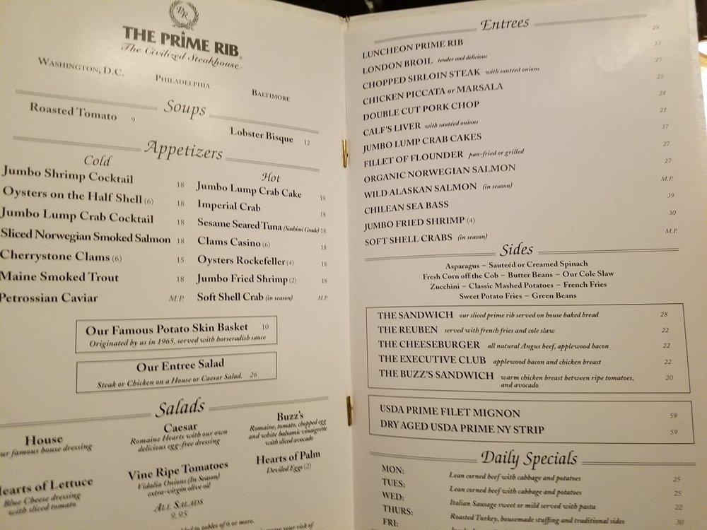 Menu at The Prime Rib pub & bar, Washington