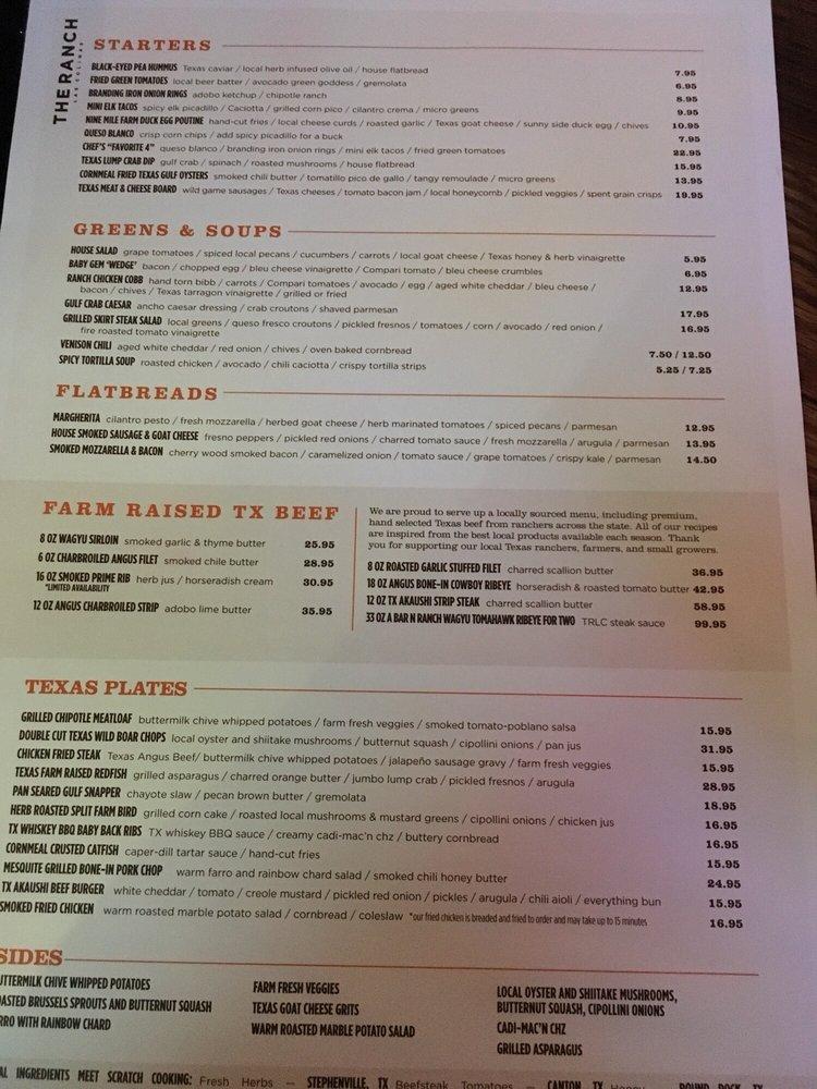Menu at The Ranch at Las Colinas steakhouse, Irving