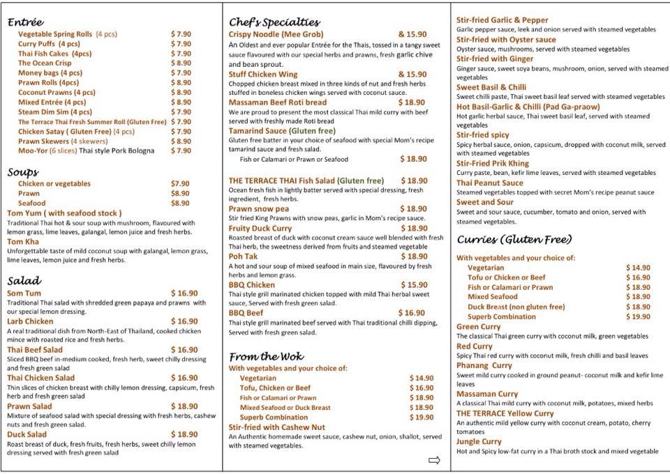 Menu at The Terrace Thai Restaurant, Gold Coast
