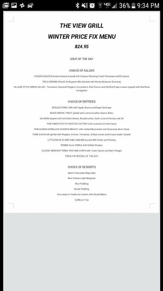 Menu at The View Grill restaurant, Glen Cove