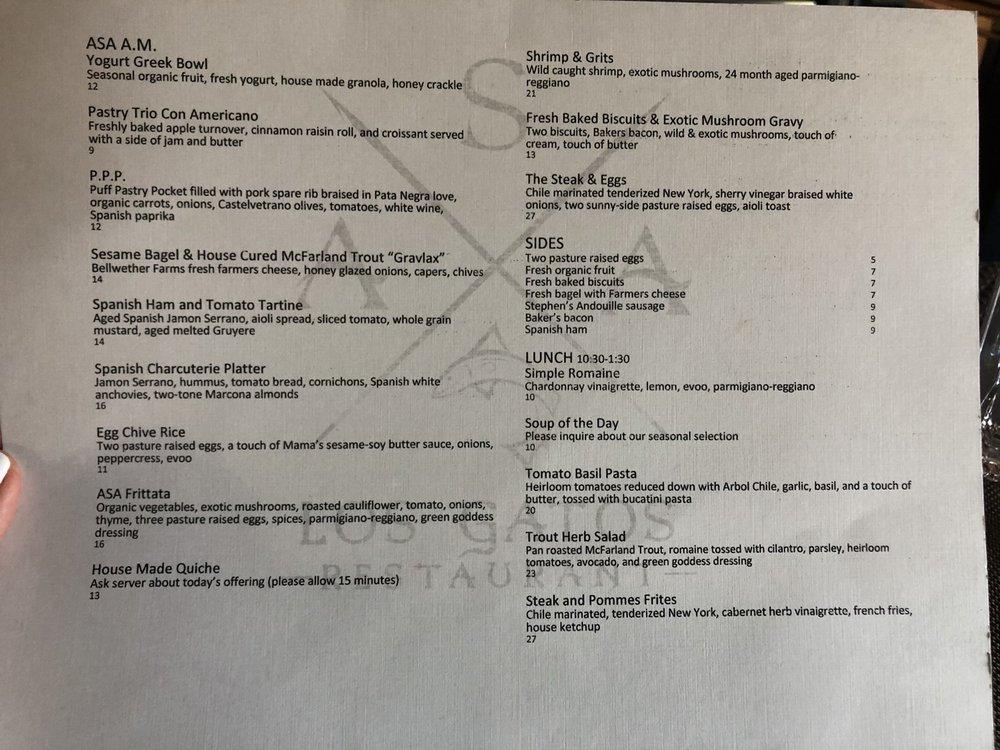 Menu at Asa Restaurant Los Gatos, Los Gatos