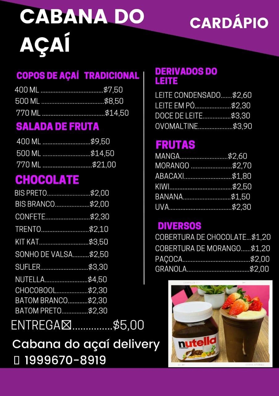 Menu at Cabana do açai, Leme