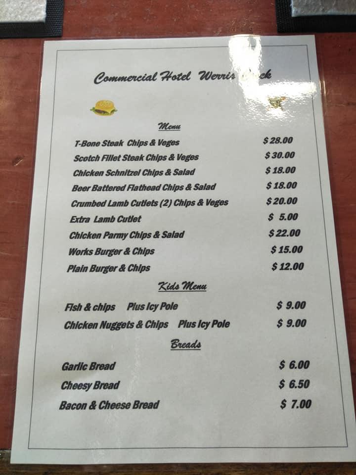 Menu at Commercial Hotel Motel pub & bar, Werris Creek