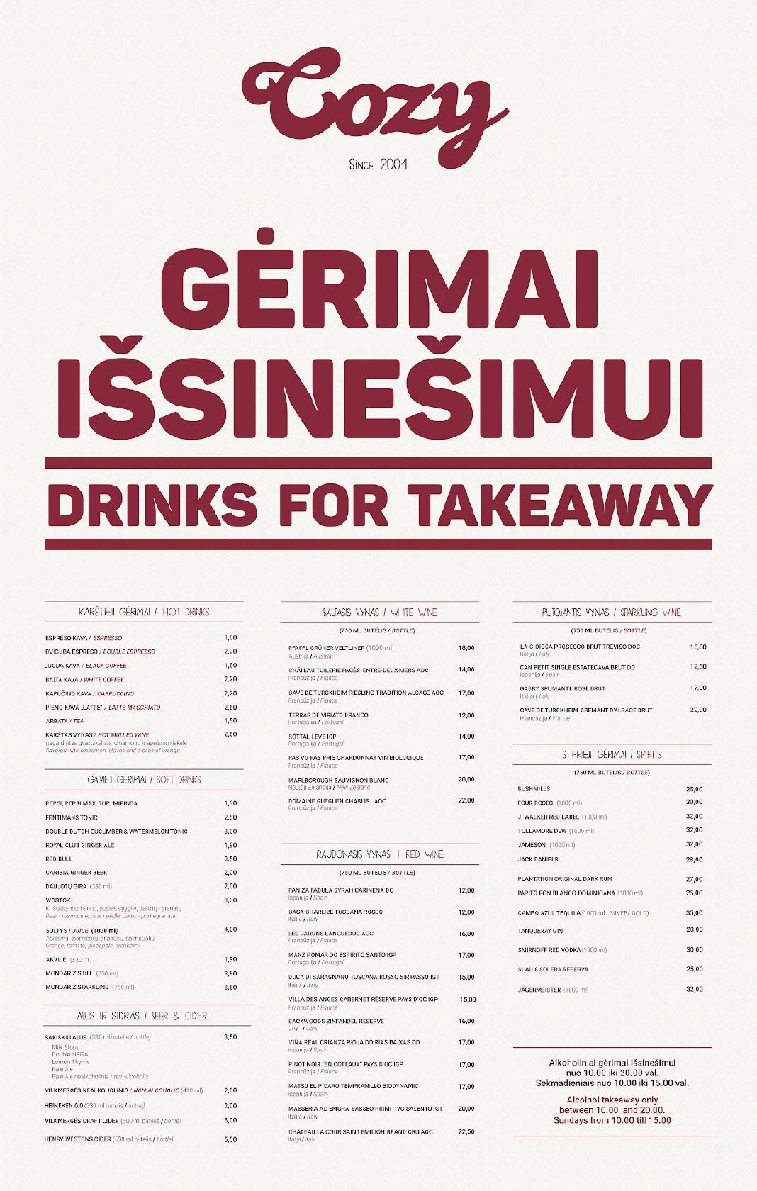 Menu at Cozy pub & bar, Vilnius
