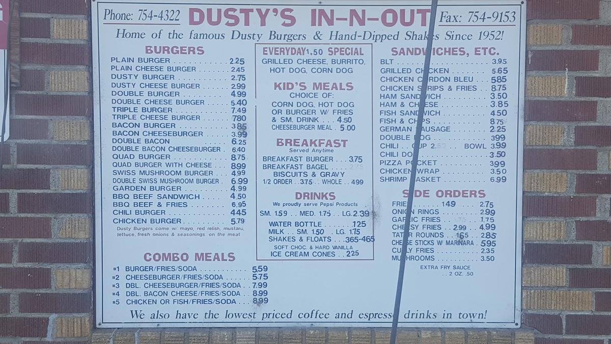 Menu at Dusty's In-N-Out fast food, Ephrata