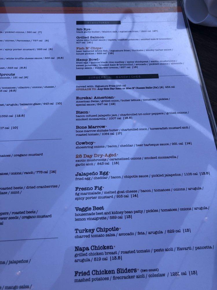 Menu at Eureka! restaurant, Carlsbad