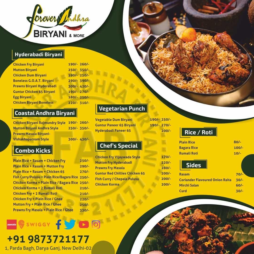 Menu at Forever andhra, New Delhi