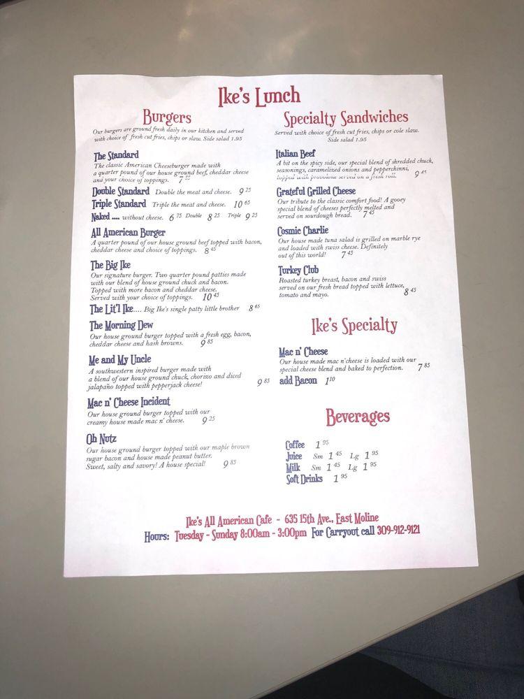 Menu at Ike's All-American Cafe, East Moline