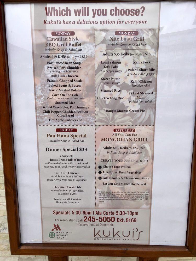 Menu at Kukui's on Kalapaki Beach restaurant, Lihue