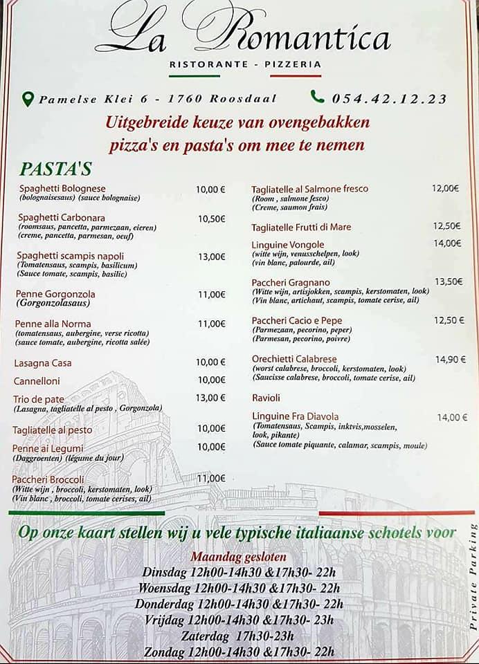 Menu at La Romantica, Roosdaal