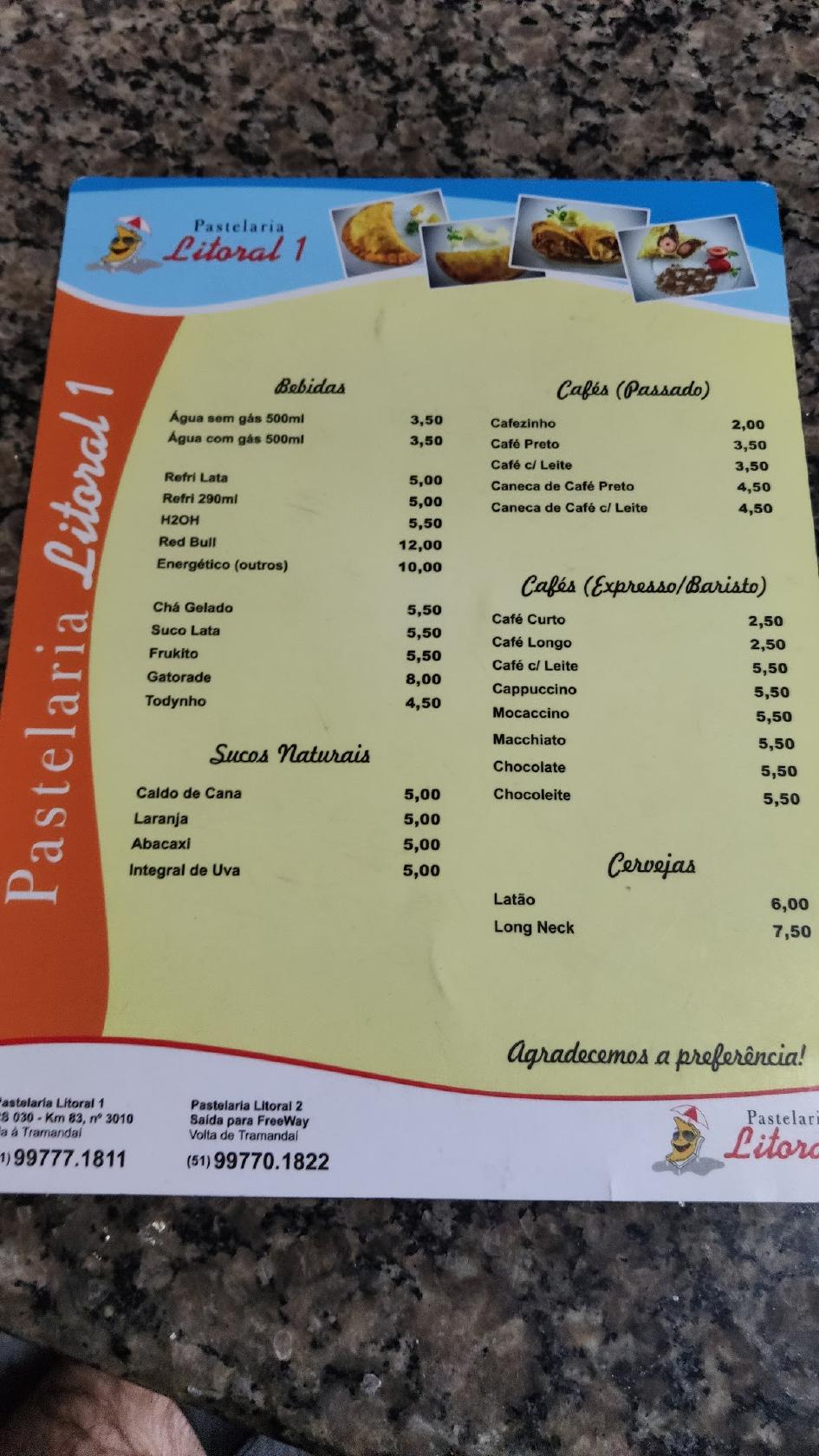 Menu at Pastelaria Litoral 1 restaurant, Osório, RS-030