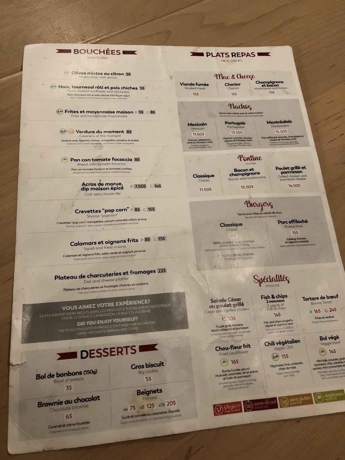 Menu au Randolph Pub Ludique Centropolis, Laval