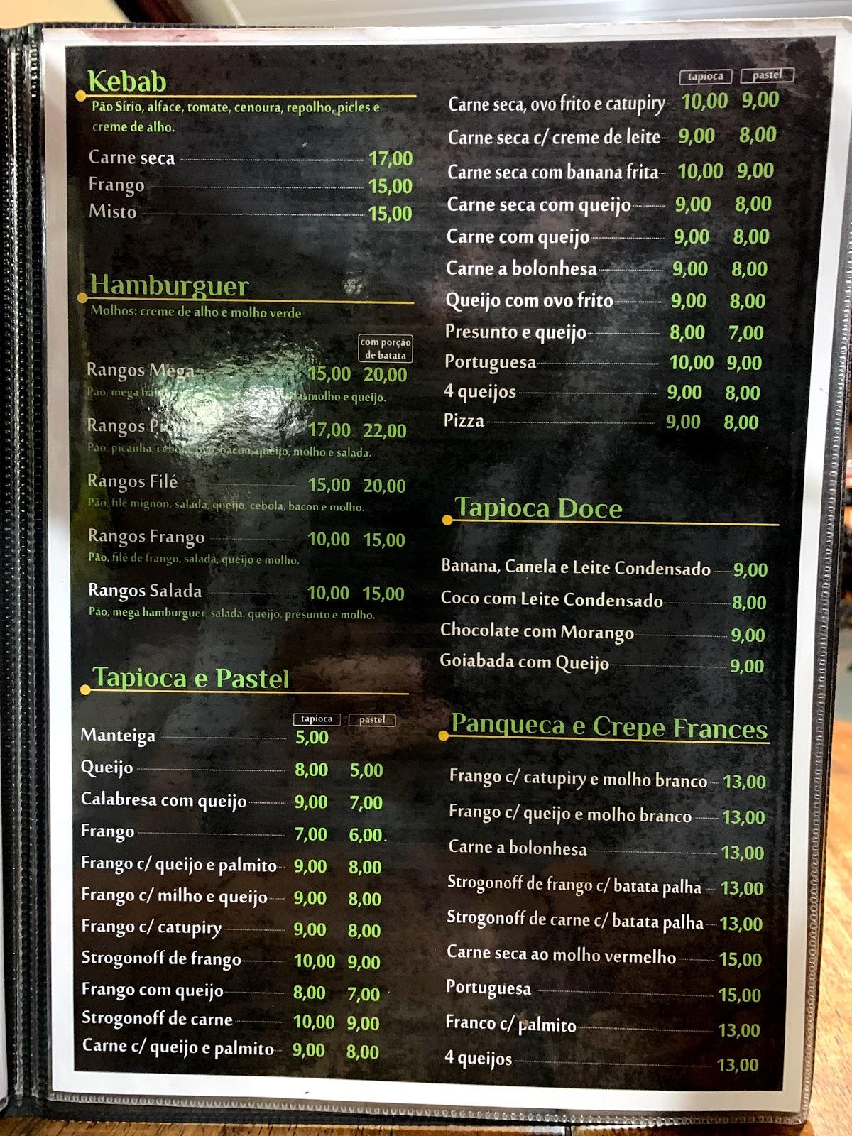 Menu em Rango's Fast Food, Ji-Paraná