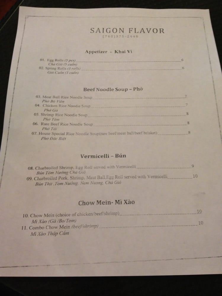 Menu at Saigon Flavor restaurant, Ridgecrest