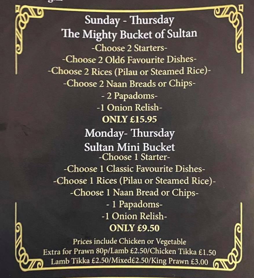 Menu at The Sultan of Jarrow restaurant, Jarrow