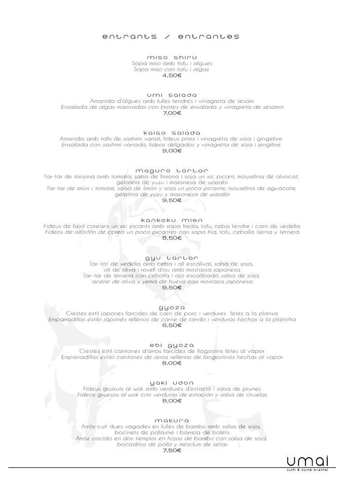 Menu at UMAI restaurant, Girona