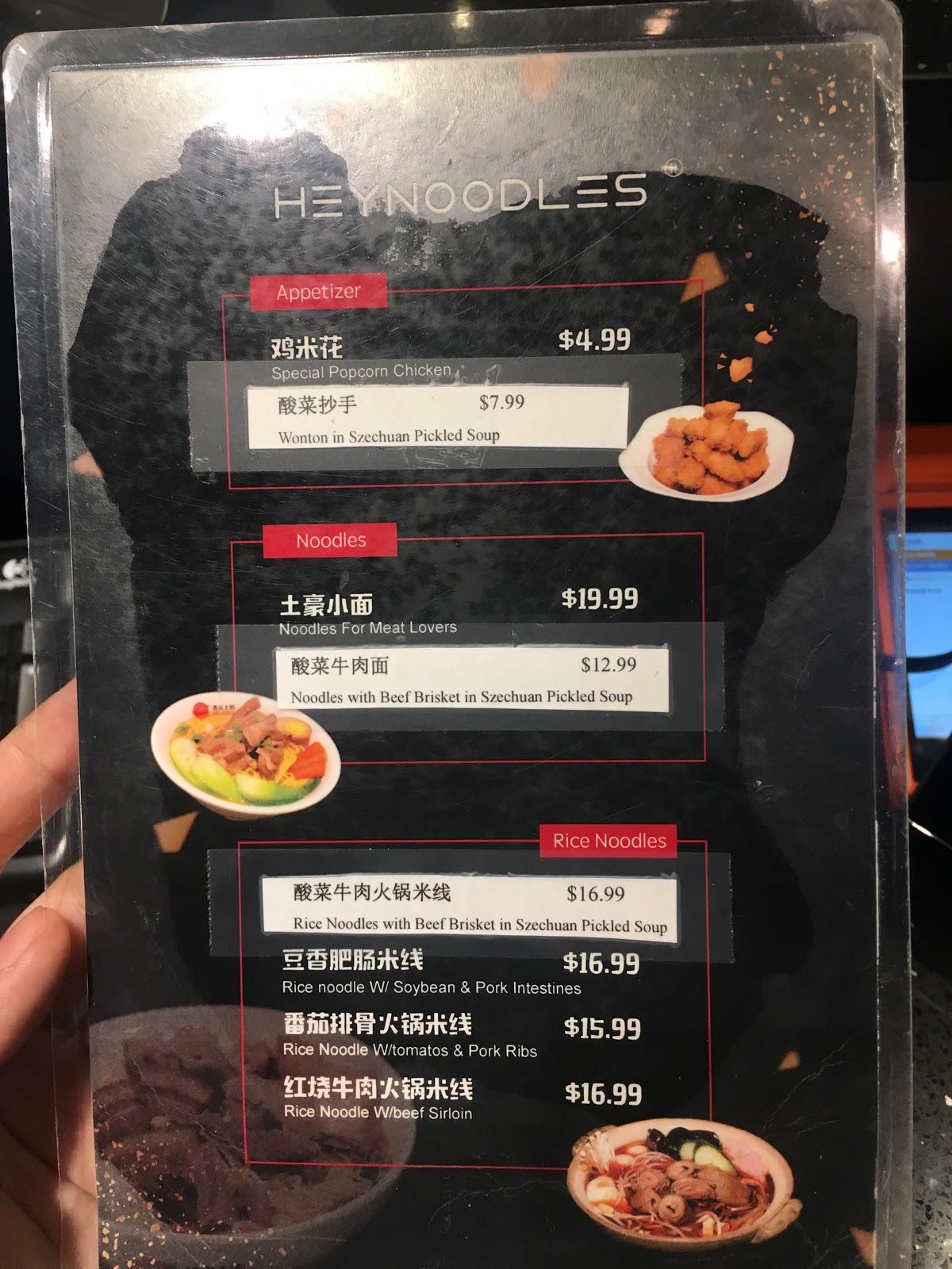 Menu at Hey Noodles restaurant, Toronto, 478 Dundas St W