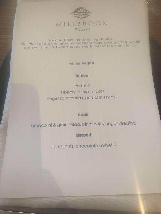 Menu at Millbrook Winery restaurant, Jarrahdale