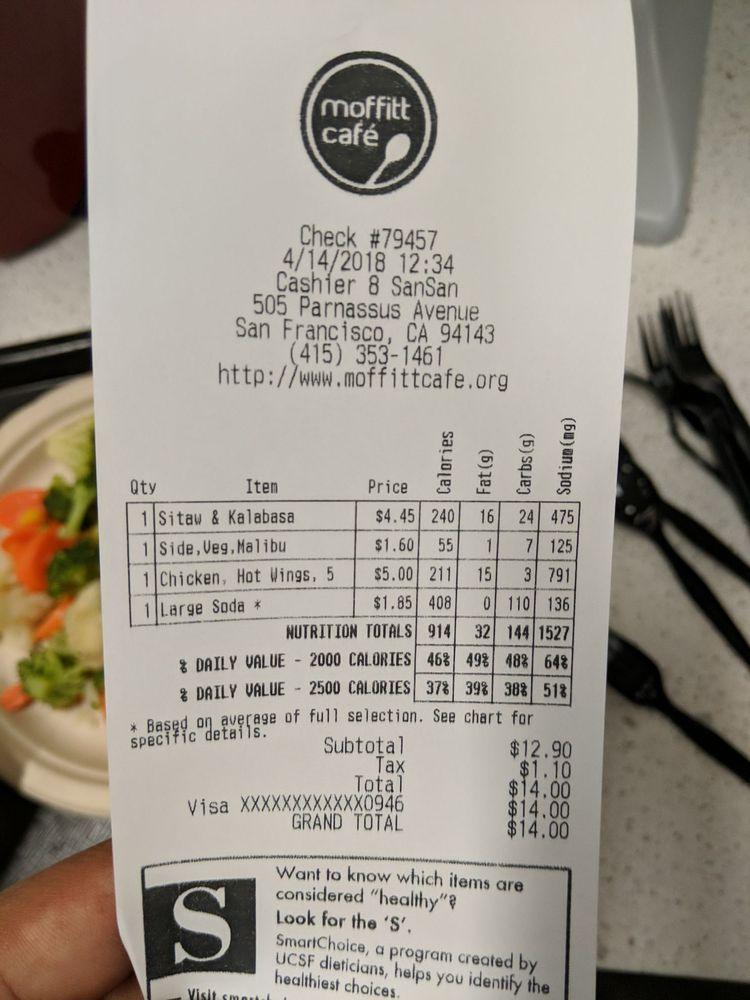 Menu at Moffitt Cafe - UCSF Medical Center, San Francisco
