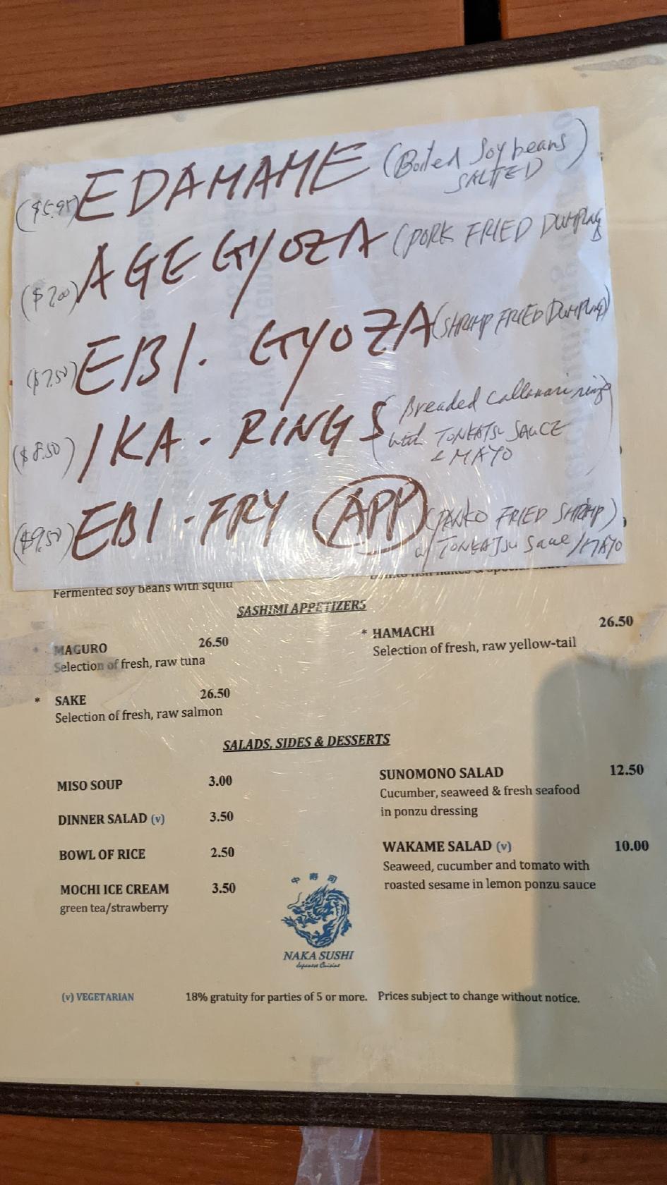 Menu at Naka Sushi restaurant, Capitola
