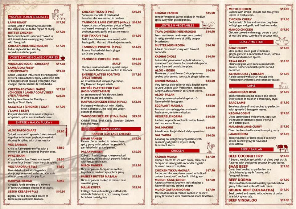 Menu at Yogis Kitchen restaurant, Barton