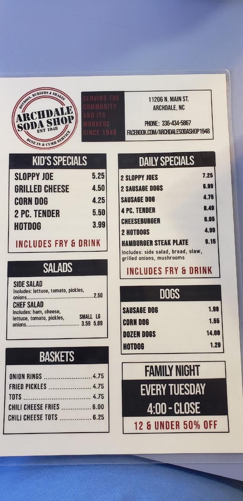 Menu at Archdale Soda Shop restaurant, Archdale