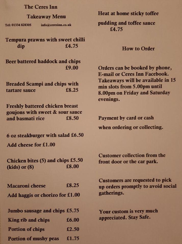 Menu at Ceres Inn pub & bar, Cupar, The Cross