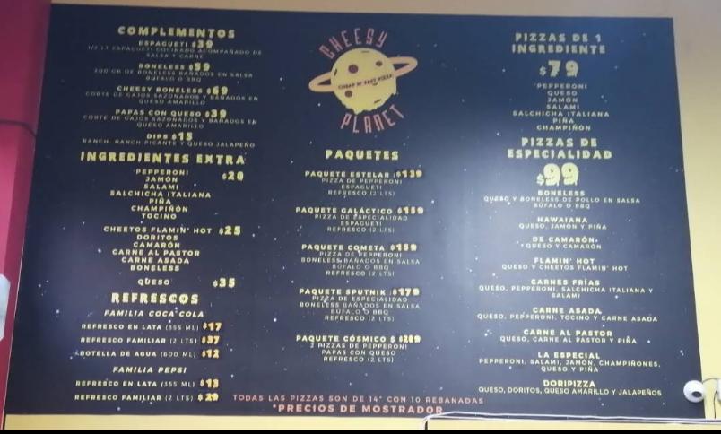 Menu at Cheesy Planet restaurant, Chihuahua, Av Vallarta 6301