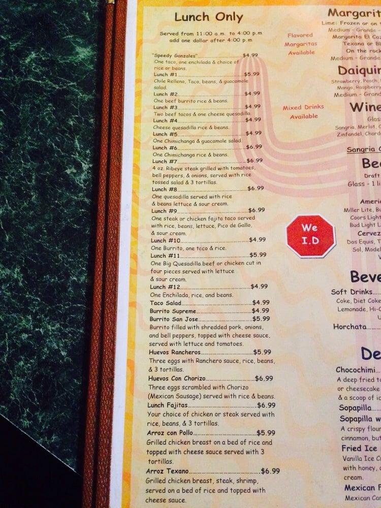 Menu at El Metate restaurant, Tifton