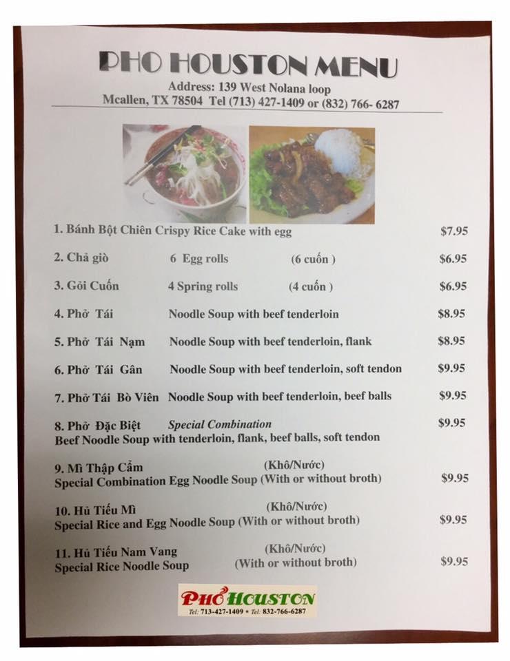 Menu at Phở Houston restaurant, McAllen