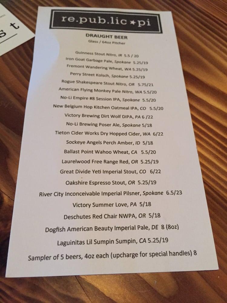 Menu at Republic Pi, Spokane