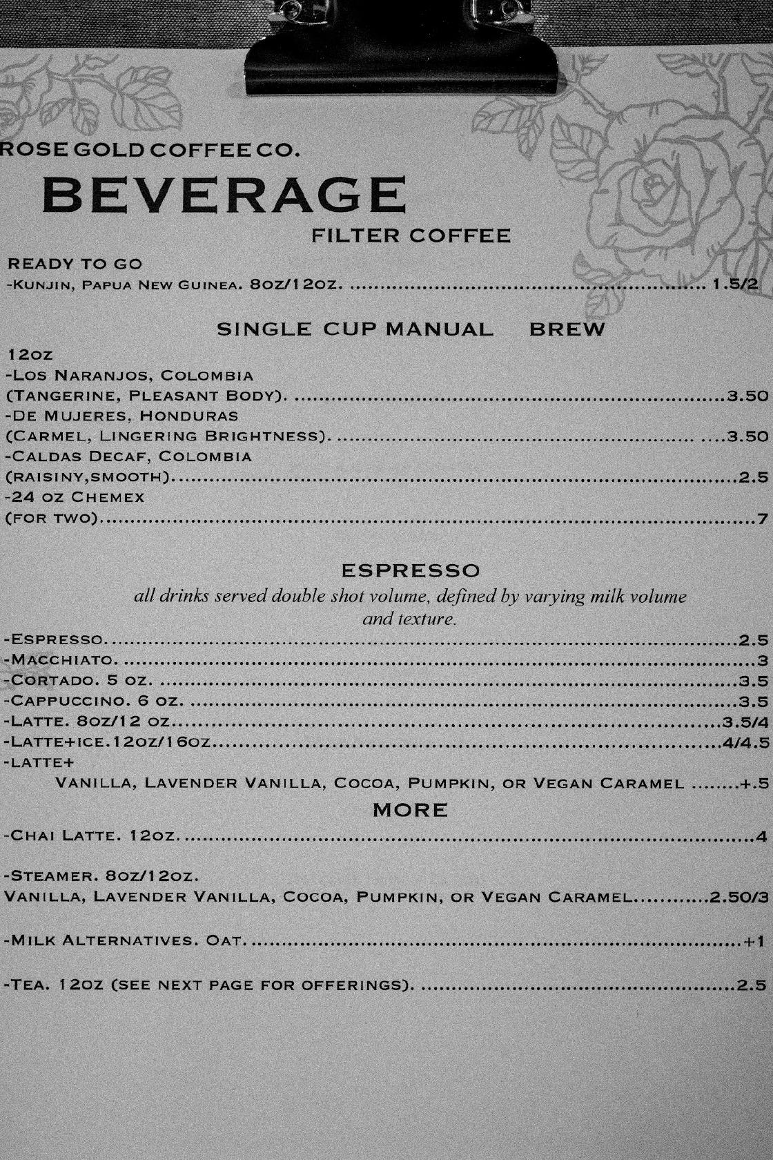 Menu at Rose Gold Coffee Company cafe, Kalamazoo