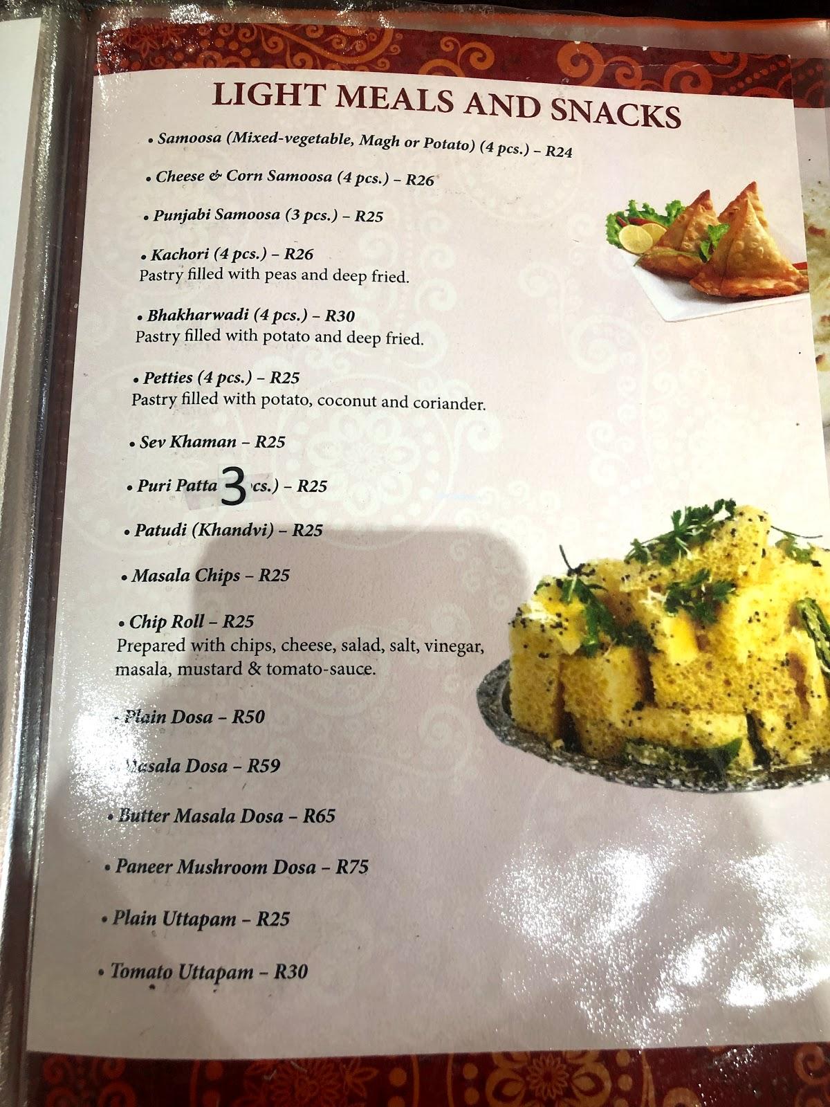 Menu at Shayona Mayfair restaurant, Johannesburg