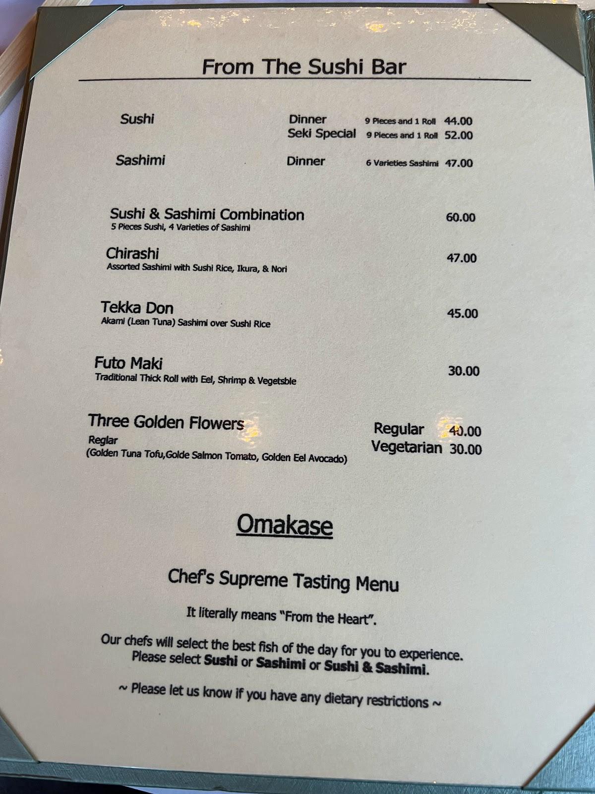 Menu at Sushi Seki restaurant, New York City, 1st Ave.