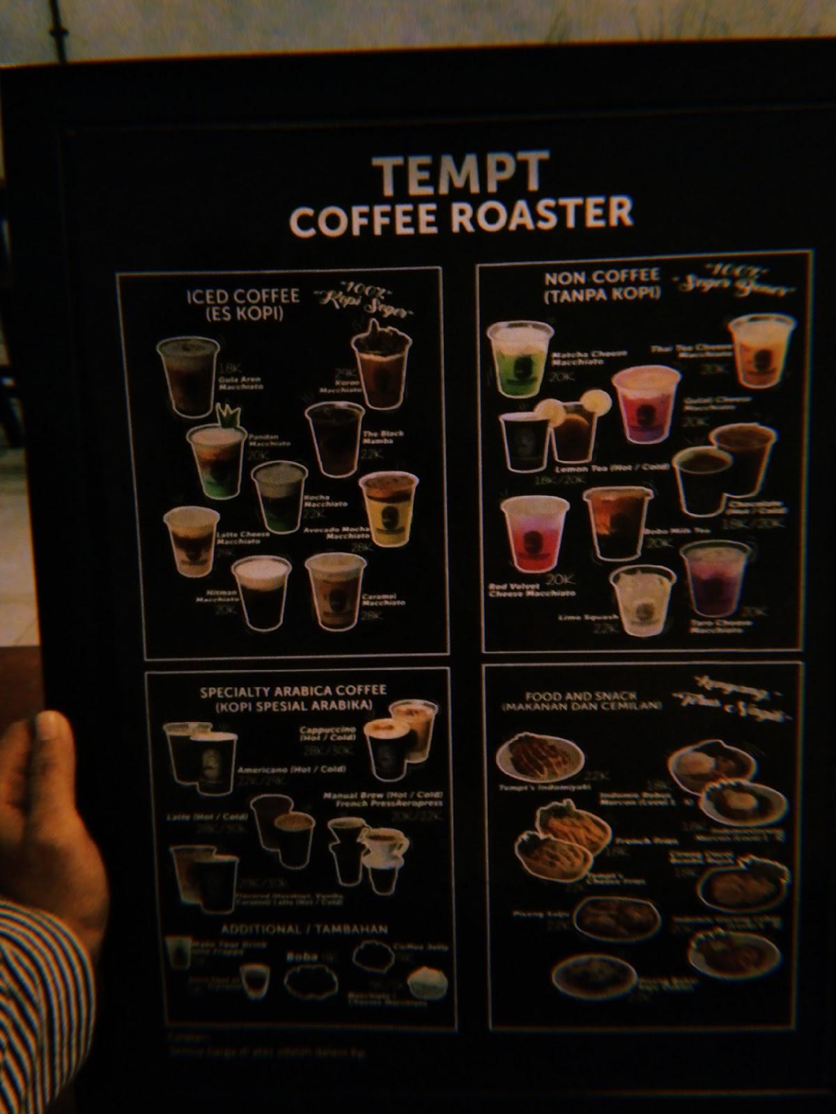 Menu at TEMPT Coffee Roaster cafe, East Jakarta