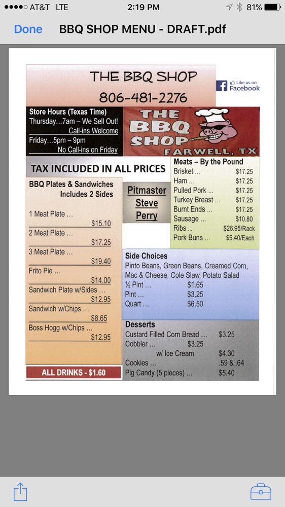 Menu at The BBQ Shop, Farwell