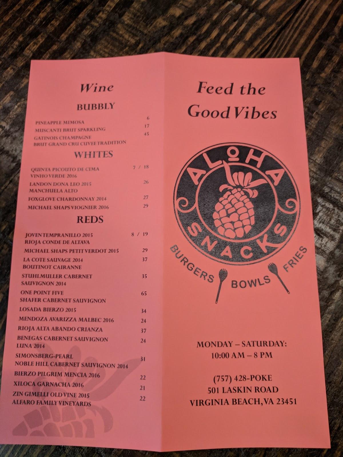 Menu at Aloha Snacks restaurant, Virginia Beach