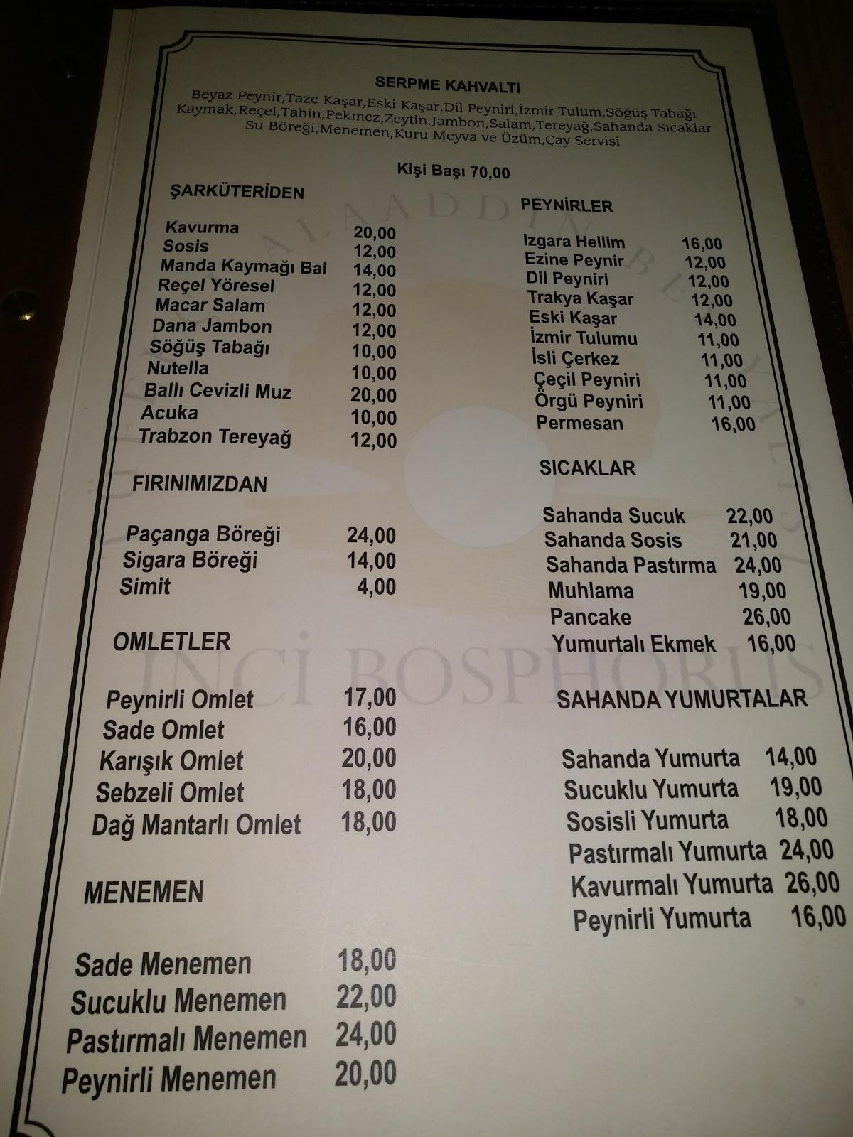 Menu at İnci Bosphorus, Istanbul, Çengelköy Mahallesi