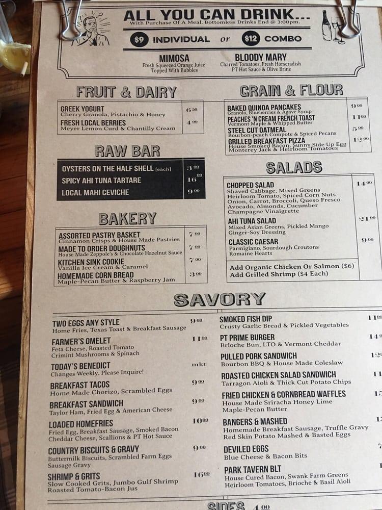 Menu at Park Tavern pub & bar, Delray Beach
