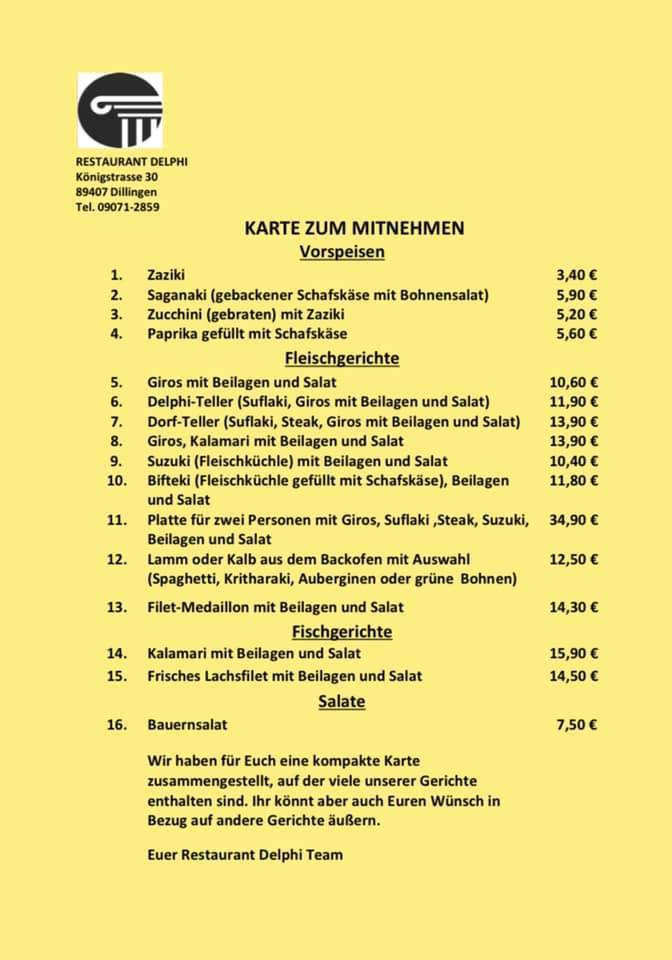 Menu au Restaurant Delphi, Dillingen