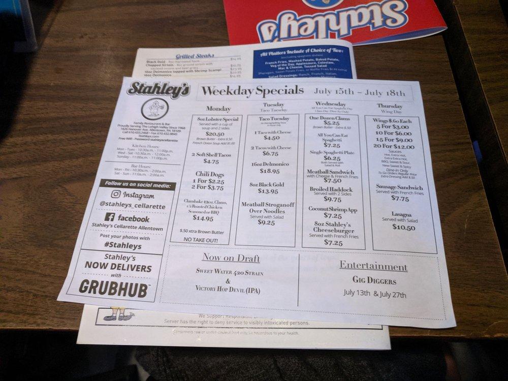 Menu at Stahley's Cellarette pub & bar, Allentown