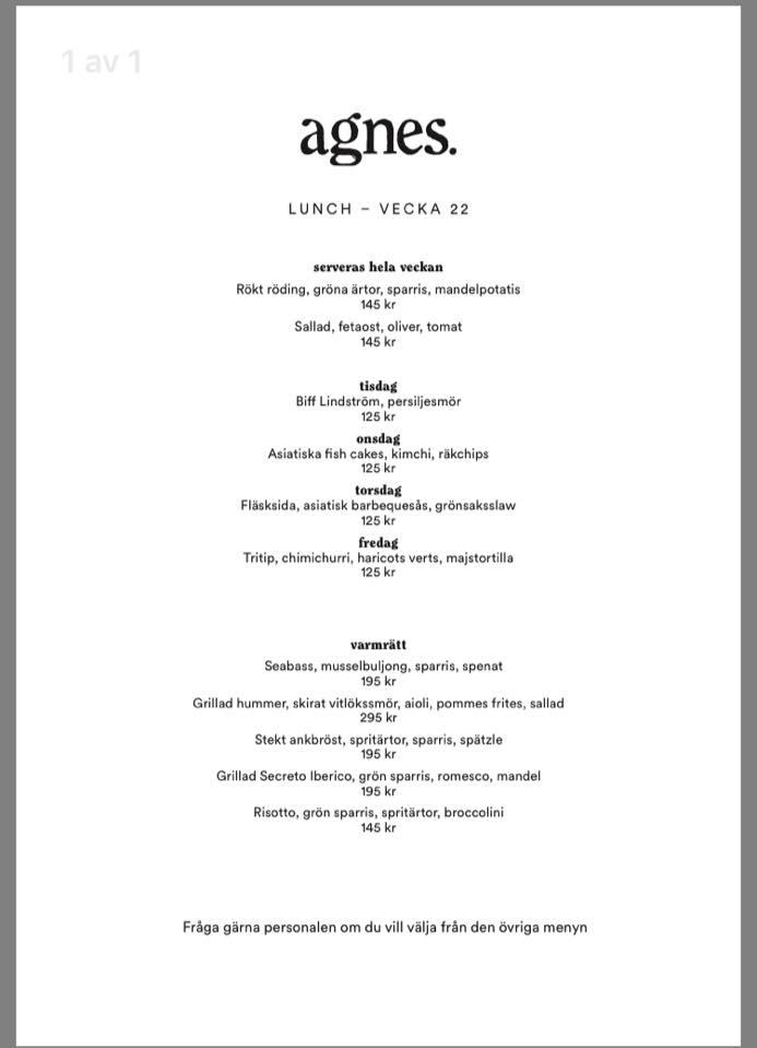 Menu at Agnes pub & bar, Stockholm