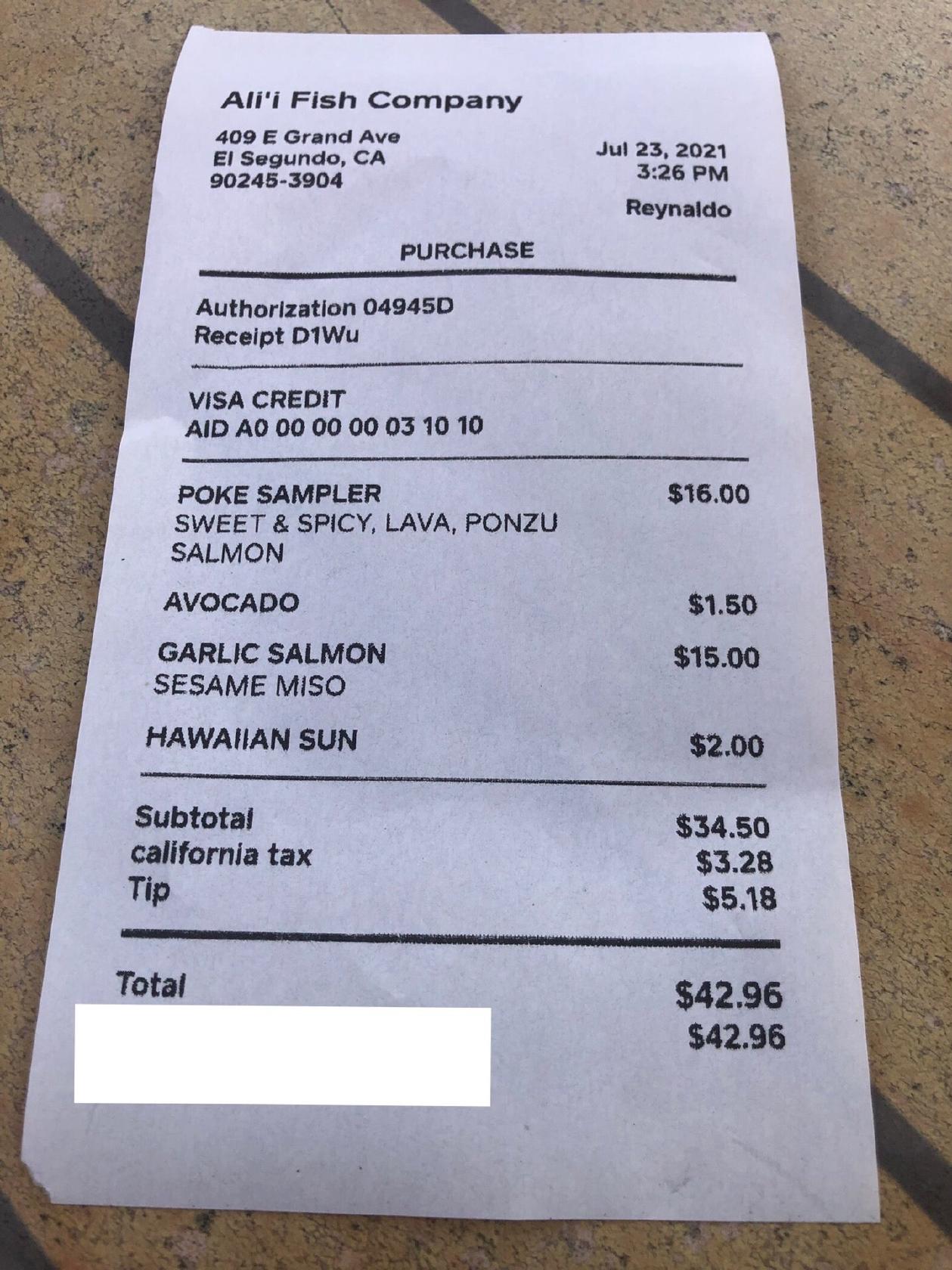 Menu at Ali'i Fish Company restaurant, El Segundo