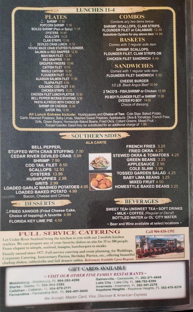 Menu at Cedar River Seafood restaurant, Inverness, 804 US Hwy 41